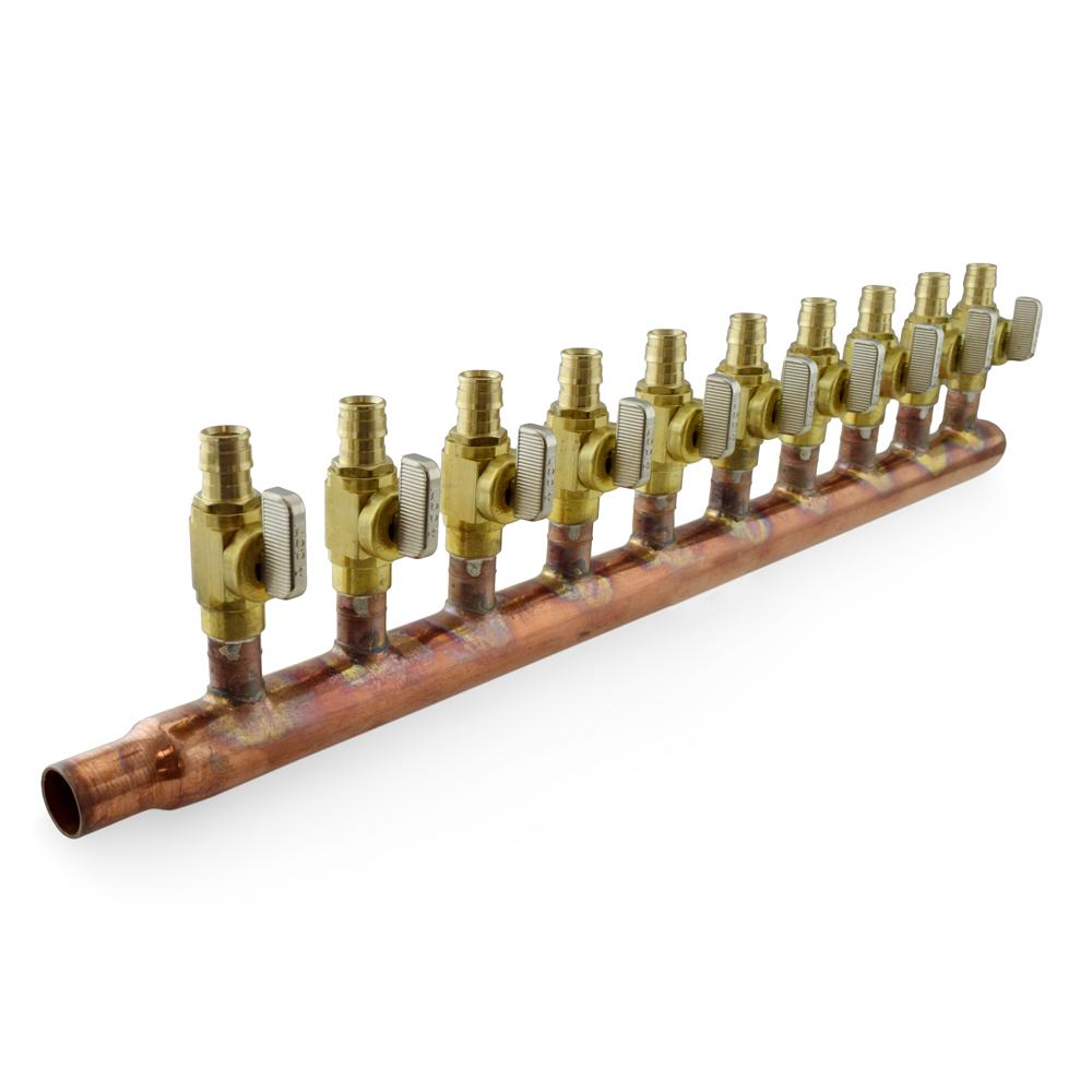 10-branch 1/2” PEX-A Copper Manifold w/ Valves, 3/4” M. Sweat x Closed ...
